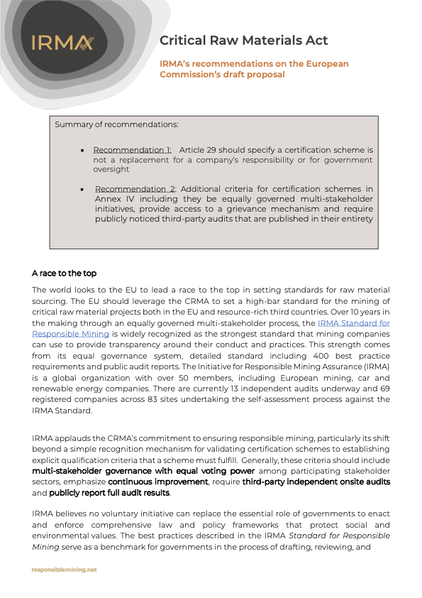 Position paper: IRMA’s recommendations on the EC’s Critical Raw ... Position paper: IRMA’s recommendations on the EC’s Critical Raw ...